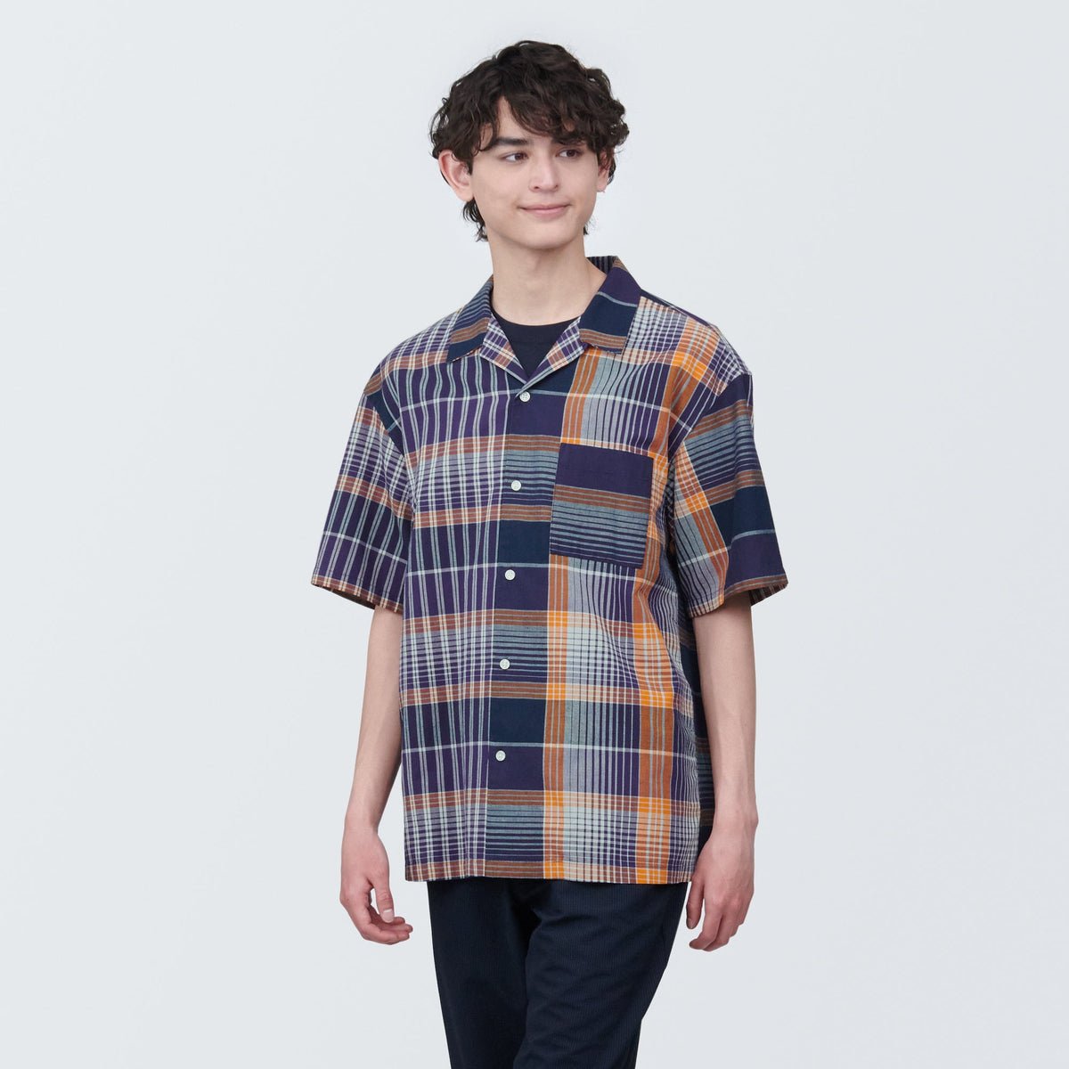 Men's Madras Check Open Collar Short Sleeve Shirt | MUJI Canada